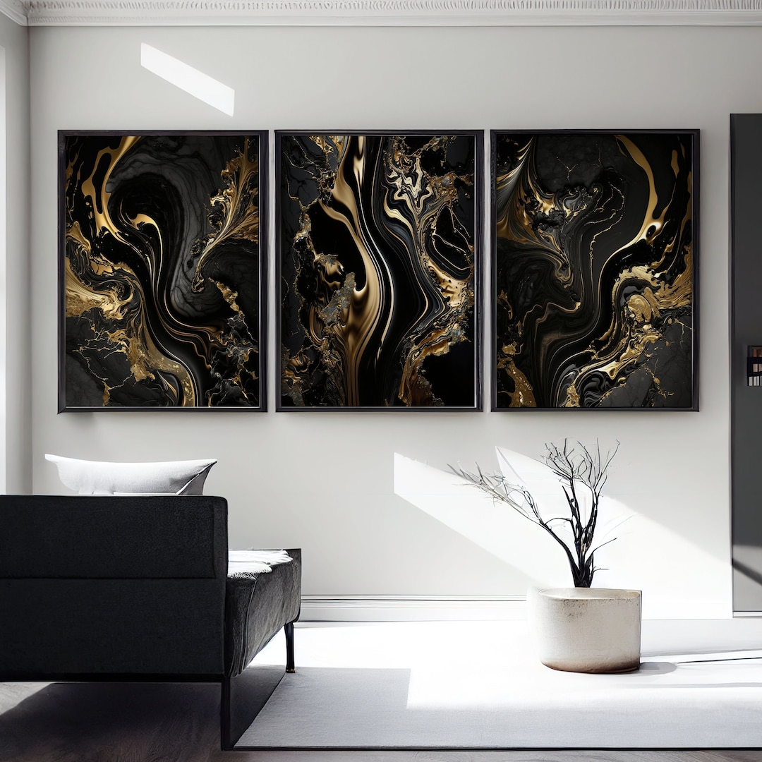 Black & Gold Wall Printable, Marble Wall Prints, Set of 3, Black ...