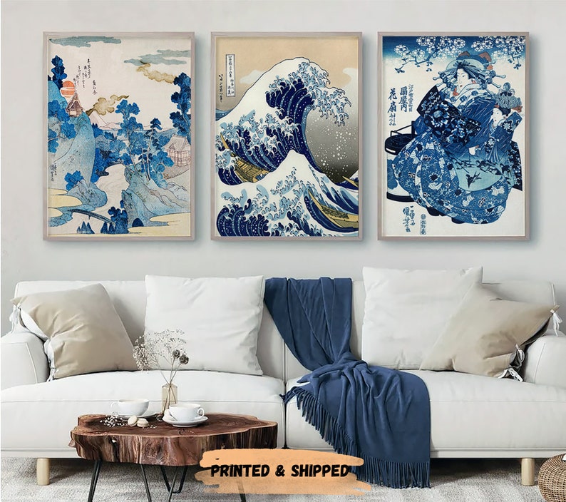 3 Piece Japanese Wall Art, Blue Japanese Prints, Hokusai Prints ...