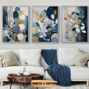 Navy & Gold Abstract Botanical and Shapes Wall Art, Set of 3 ...