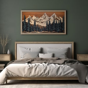 Lakelzdecor Mountain Abstract Wall Print, Cabin Art, Framed Wood Inspired Art, Large Horizontal ...