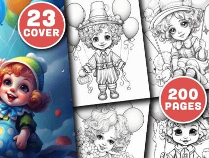 Clown Cuties Greyscale Coloring Pages - Etsy