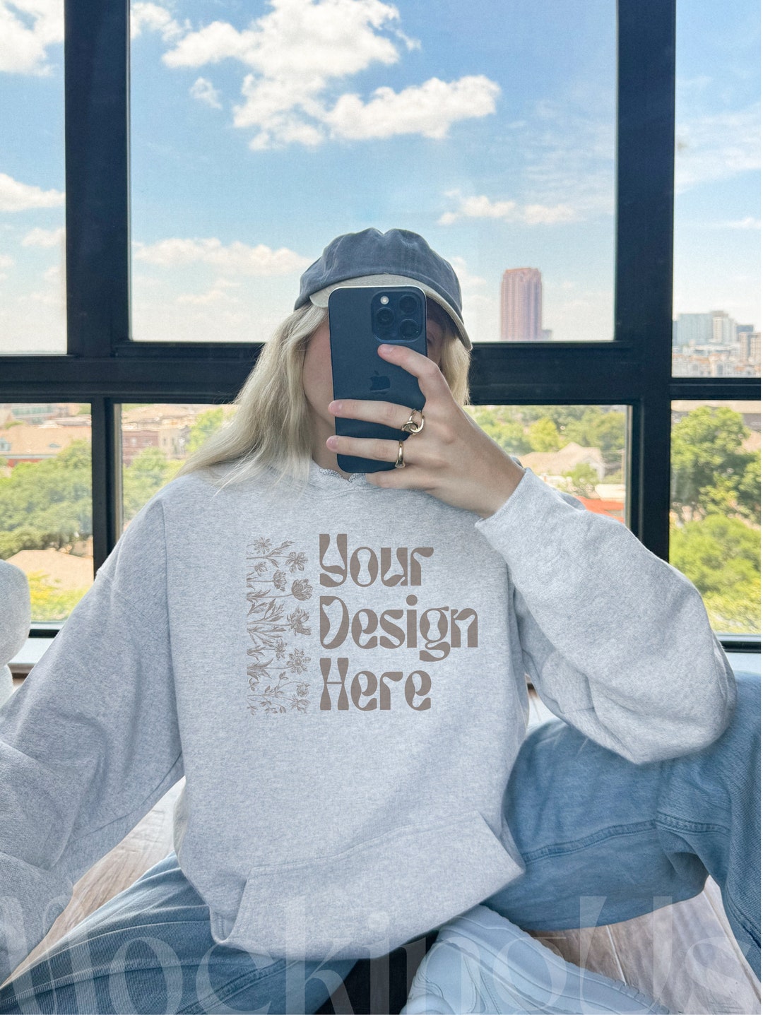 ASH Hoodie Mockup, Gildan 18500 Ash Grey Mock-up, Mirror Selfie ...