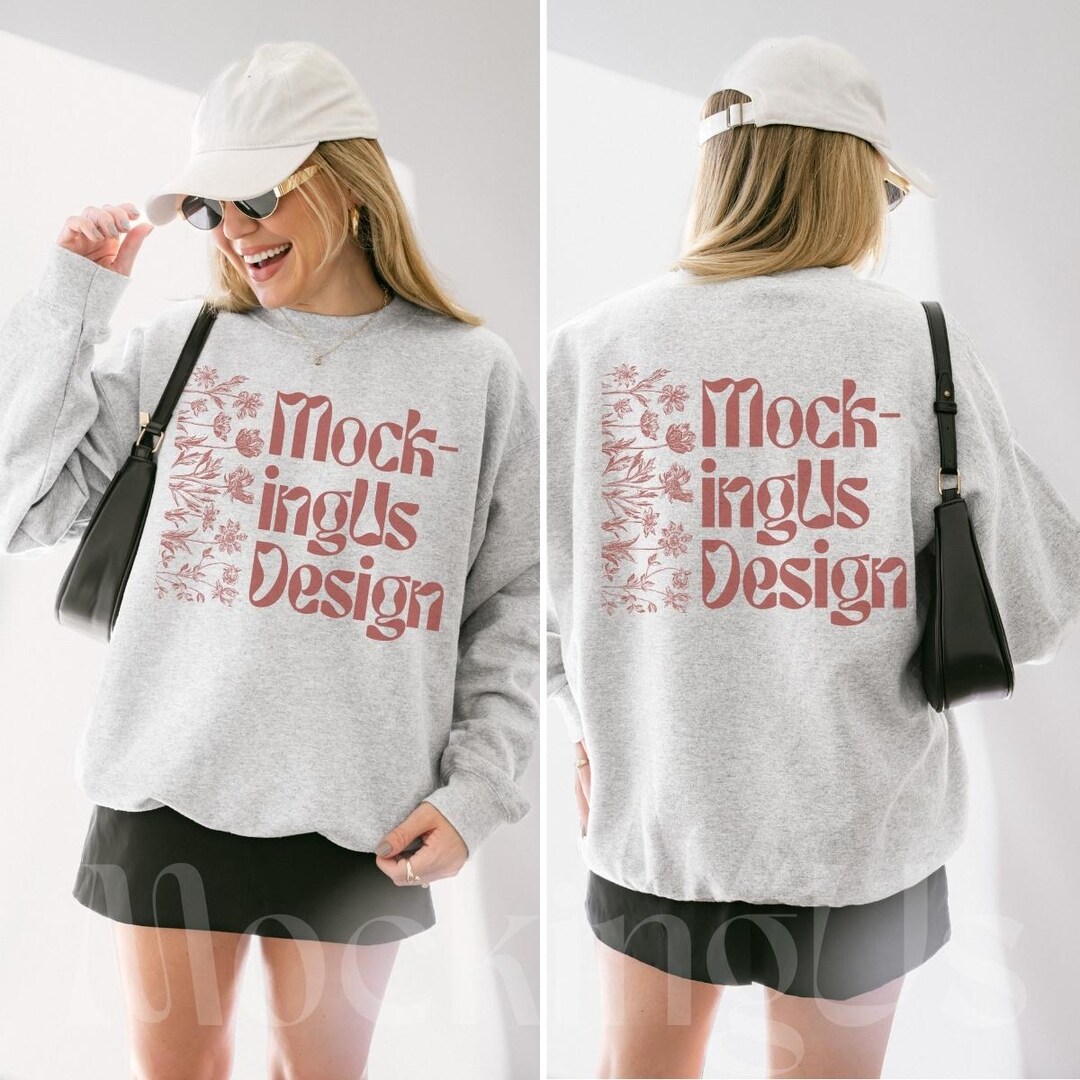 Ash Gray Gildan 18000 Front and Back Mockup - Real Person, Double Sided ...