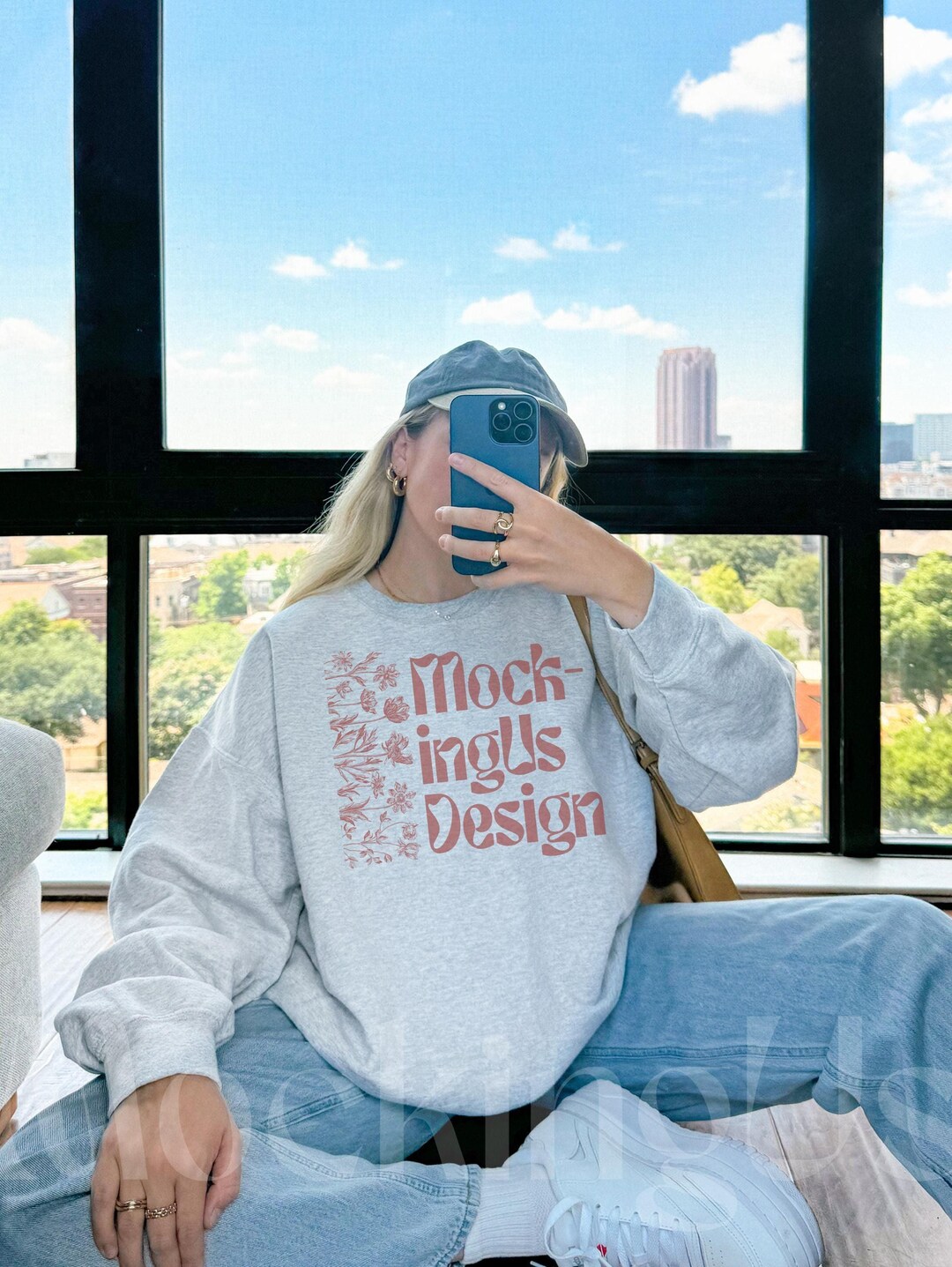 ASH Sweatshirt Mockup, Gildan 18000 Ash Mock-up, Mirror Selfie ...