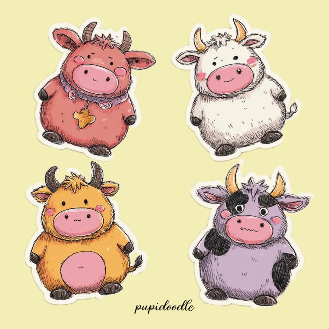 Cute Funny Fat Cow Sticker Pack – 4 Kawaii Chubby Cow Stickers for ...