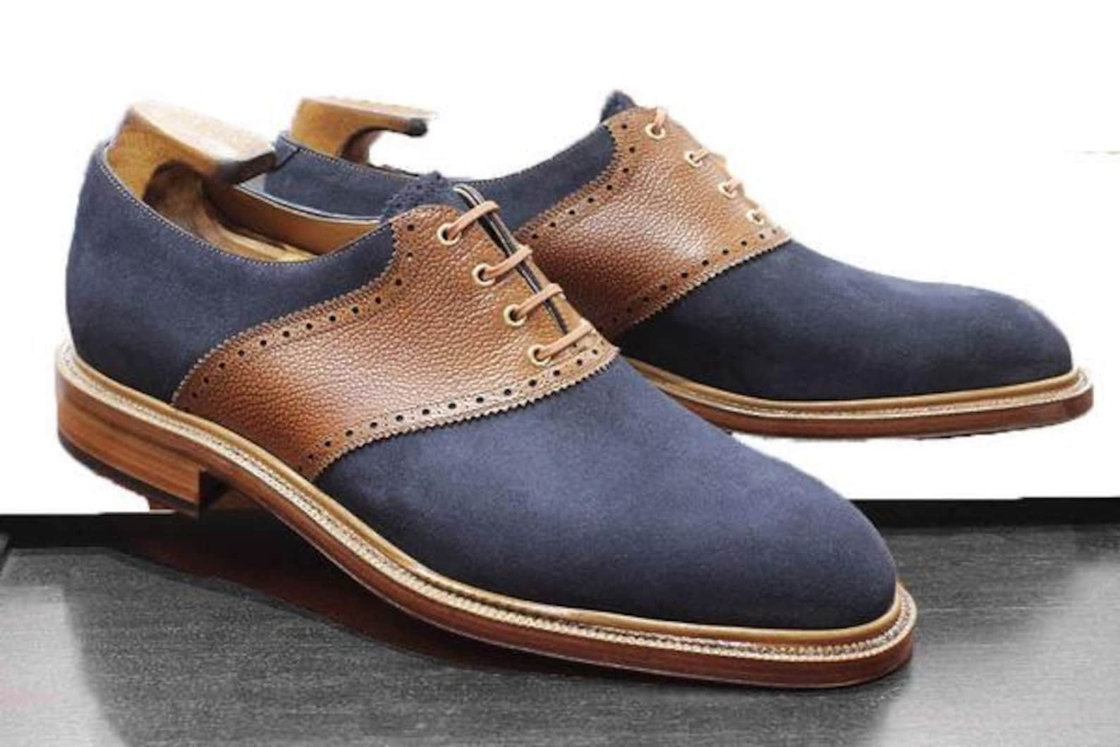 Handmade Custom Two-tone Leather Shoes for Men Navy Blue and Brown ...