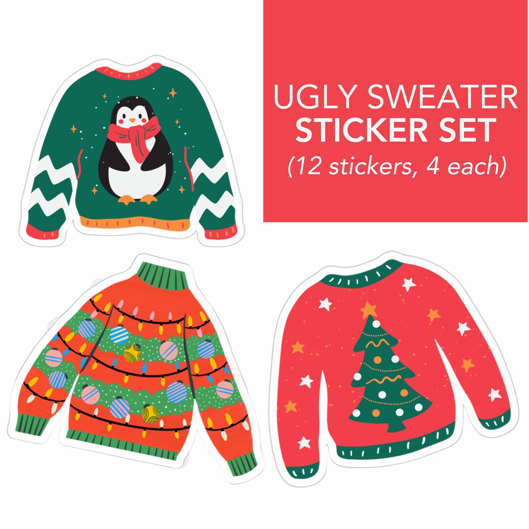 Set of 12 Holiday Ugly Sweater Stickers Fun Gifts for Kids, Stocking ...