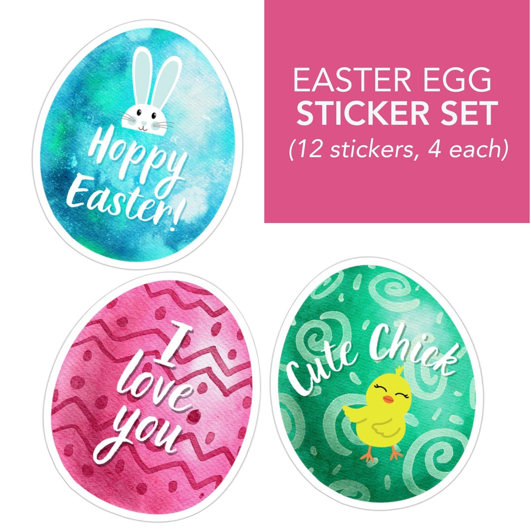 Easter Egg Sticker Set (12 Stickers) - Watercolor Eggs, Pink, Green, Blue, Bunny, Chick, Happy ...