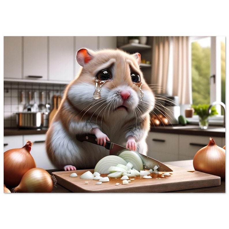 Crying Hamster Poster, Kitchen Decor, Cutting Onion, Emotional Animal ...