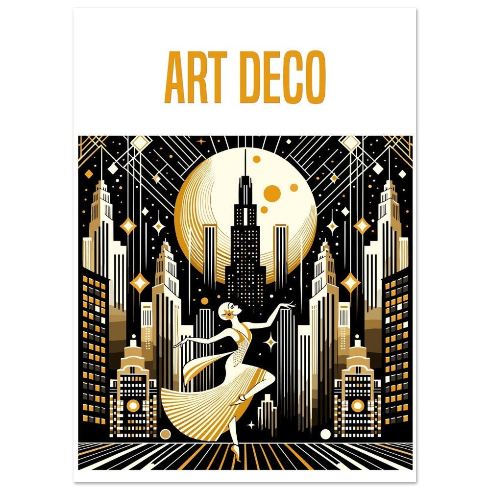 Art Deco Dance Into the Night, Gold Black Illustration Art Deco, Deco ...