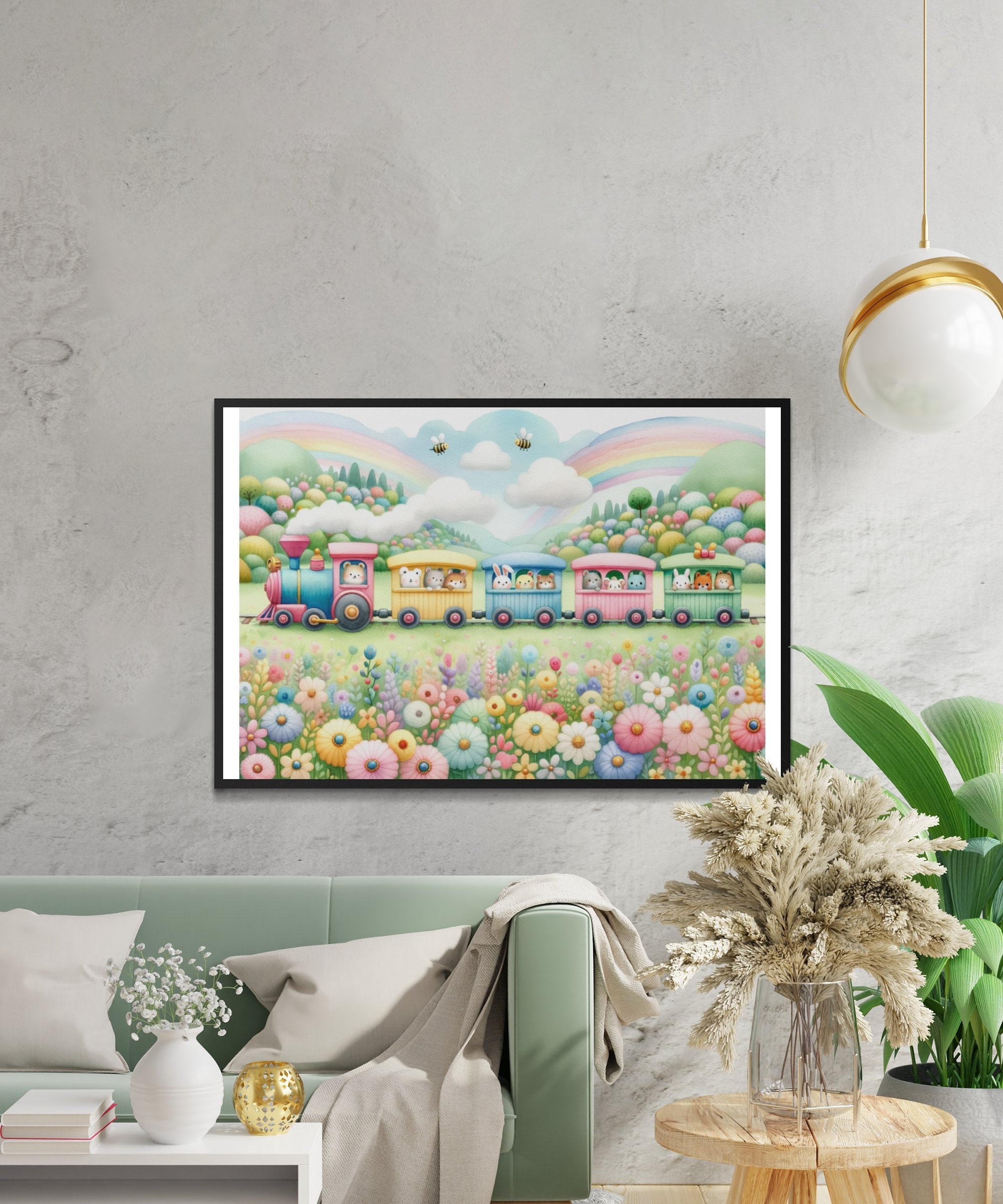 Cute Animal Train Poster, Colorful Nursery Wall Art, Pastel Rainbow ...