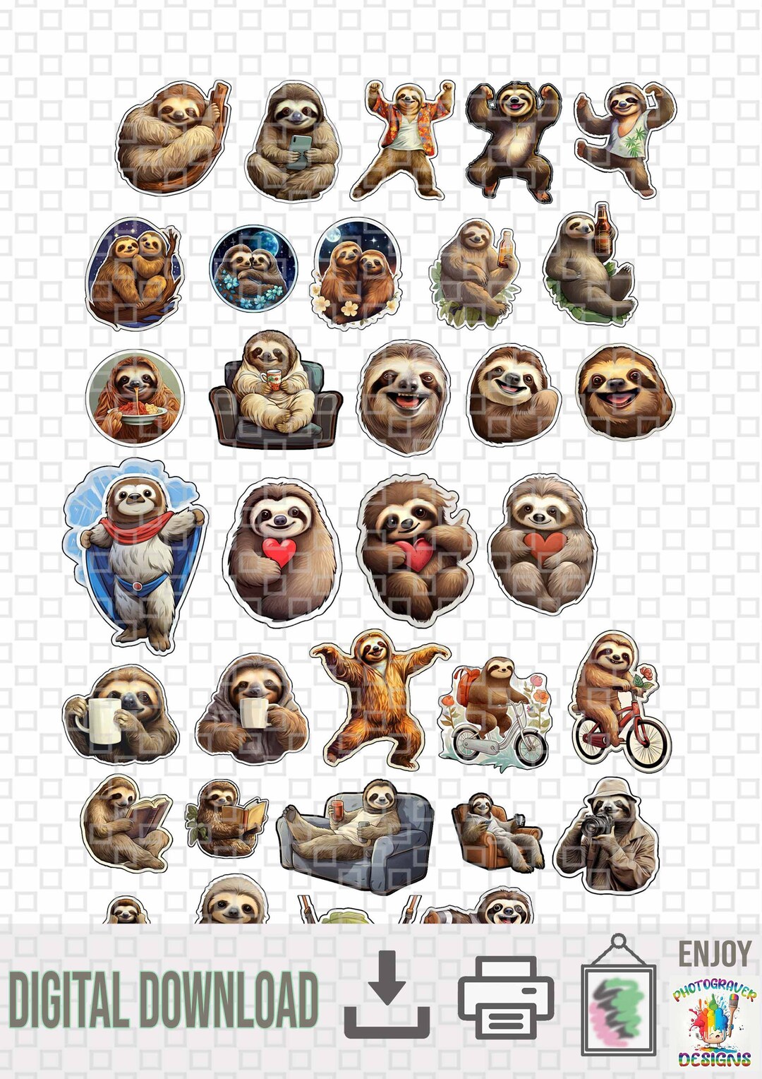 Set of 33 Sloth Stickers, Decoration Scrapbook Mobile Phone Calendar ...