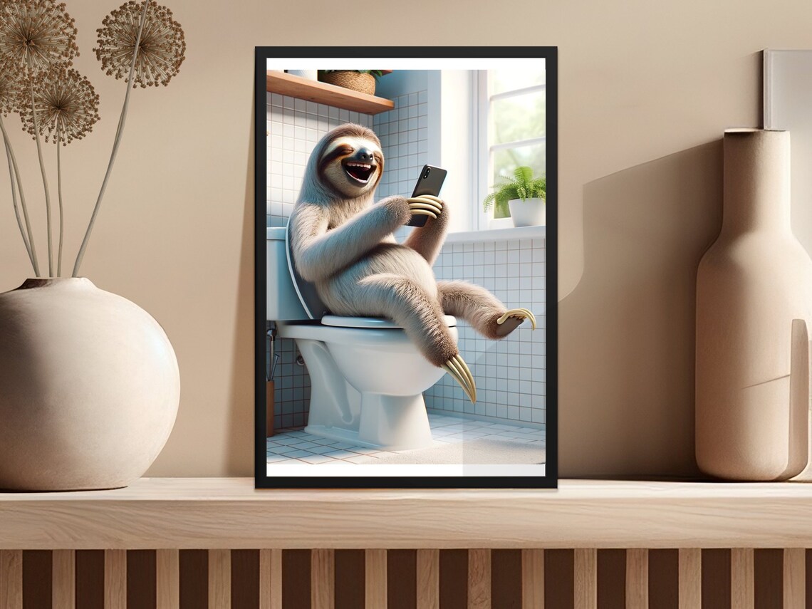 Funny Sloth With Cell Phone Toilet Poster, Bathroom Decor, Modern ...