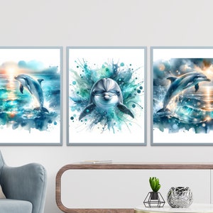 3-piece Dolphin Watercolor Poster Set | Dolphins in the Sea | Ocean ...