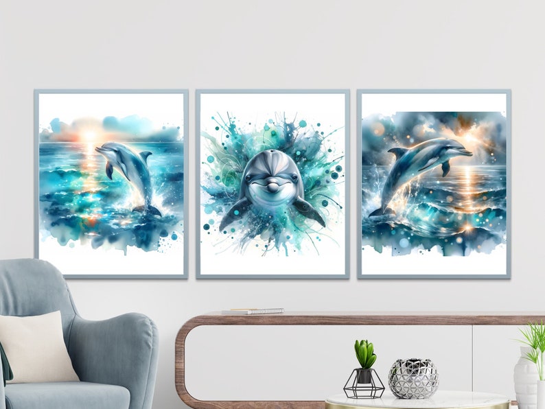3-piece Dolphin Watercolor Poster Set | Dolphins in the Sea | Seascapes ...