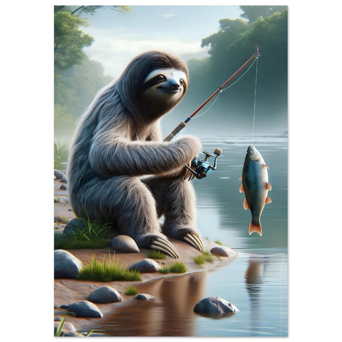 Sloth Fishing, Digital Art, Sloth Poster, Angler Gift Premium Poster on ...