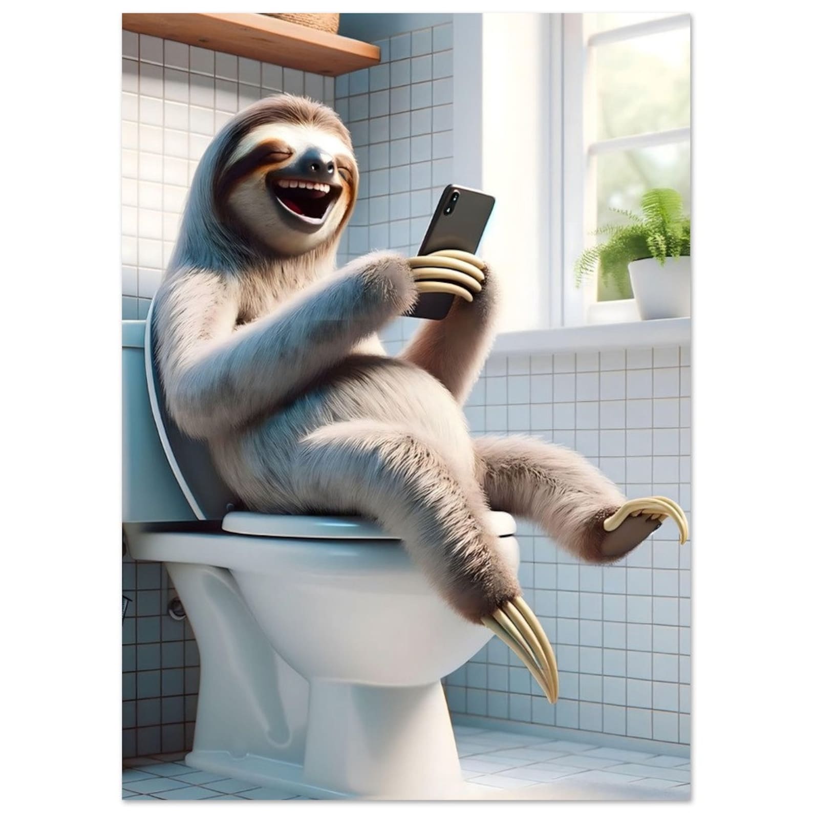 Funny Sloth With Cell Phone Toilet Poster, Bathroom Decor, Modern ...