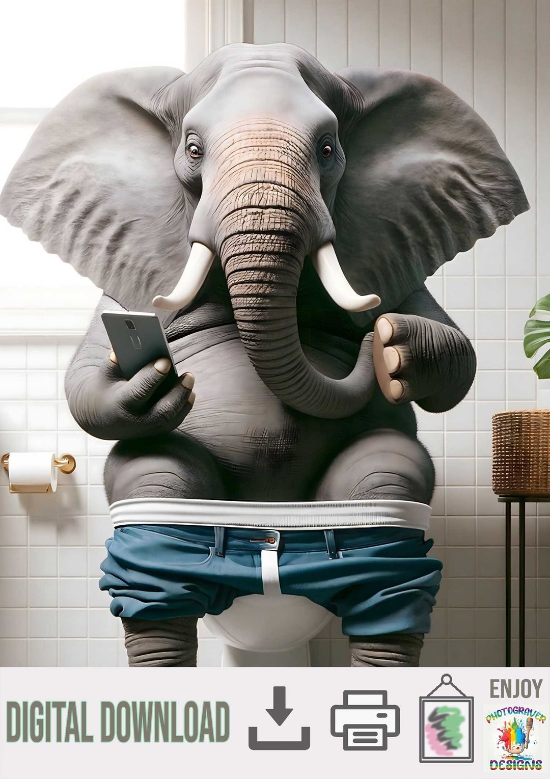 Funny Elephant on Toilet With Smartphone Download Funny Animal Pictures ...