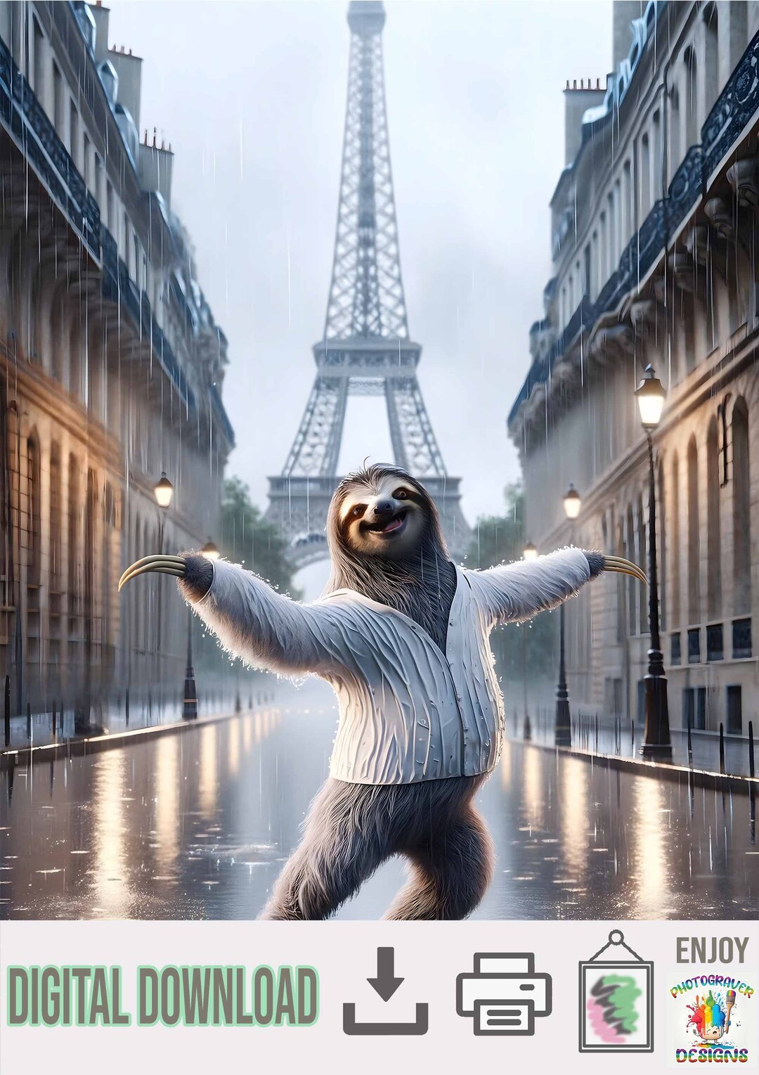 Dancing: Sloth in Paris in the Rain Funny Animal Poster Dance Studio ...