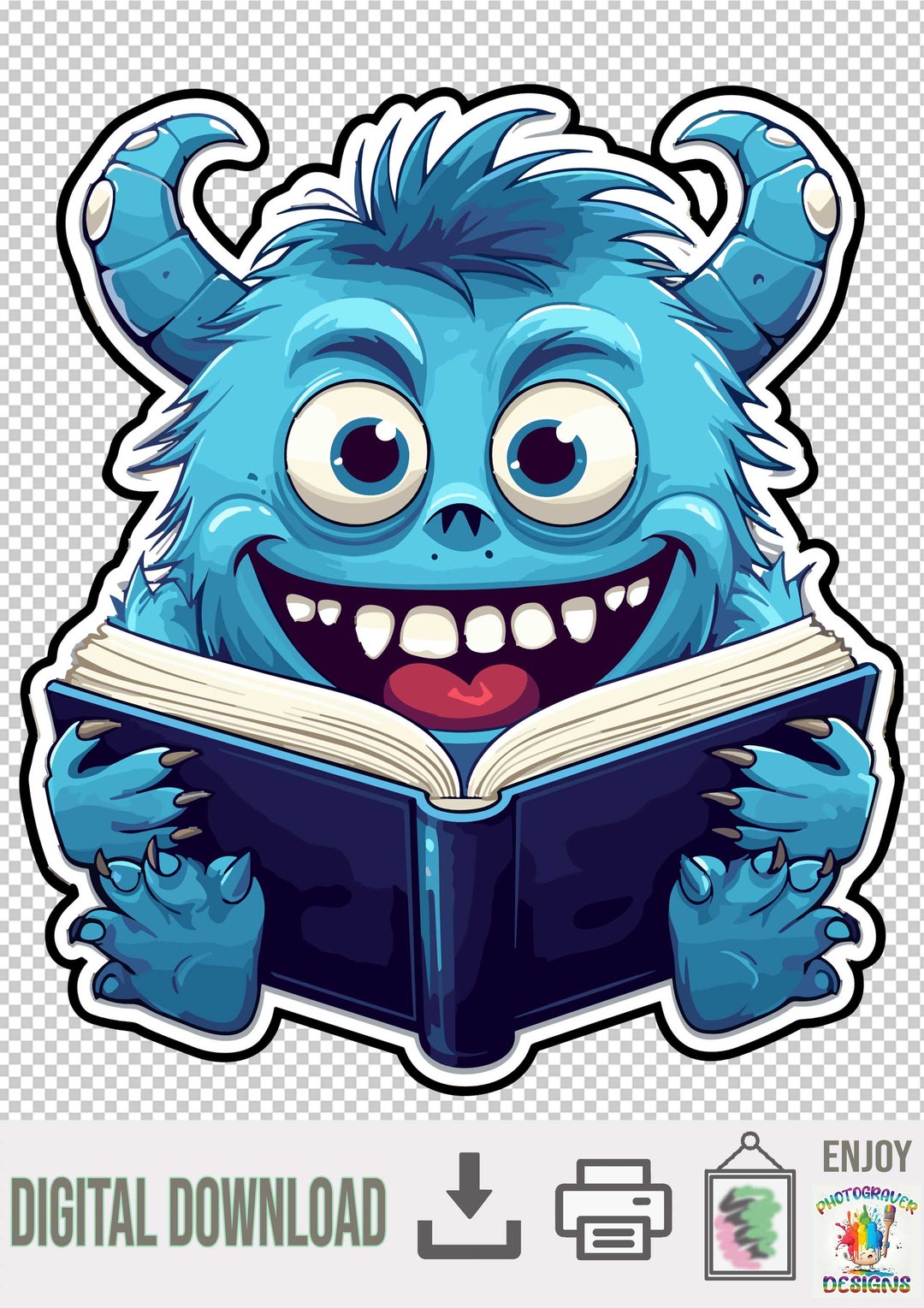 Friendly Blue Monster Stickers, Bookworm, SVG & PNG, Notebook ...