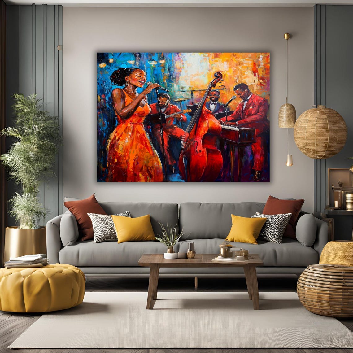 Jazz Singer Wall Art Canvas, Black Art Music Band Vibrant Colorful ...