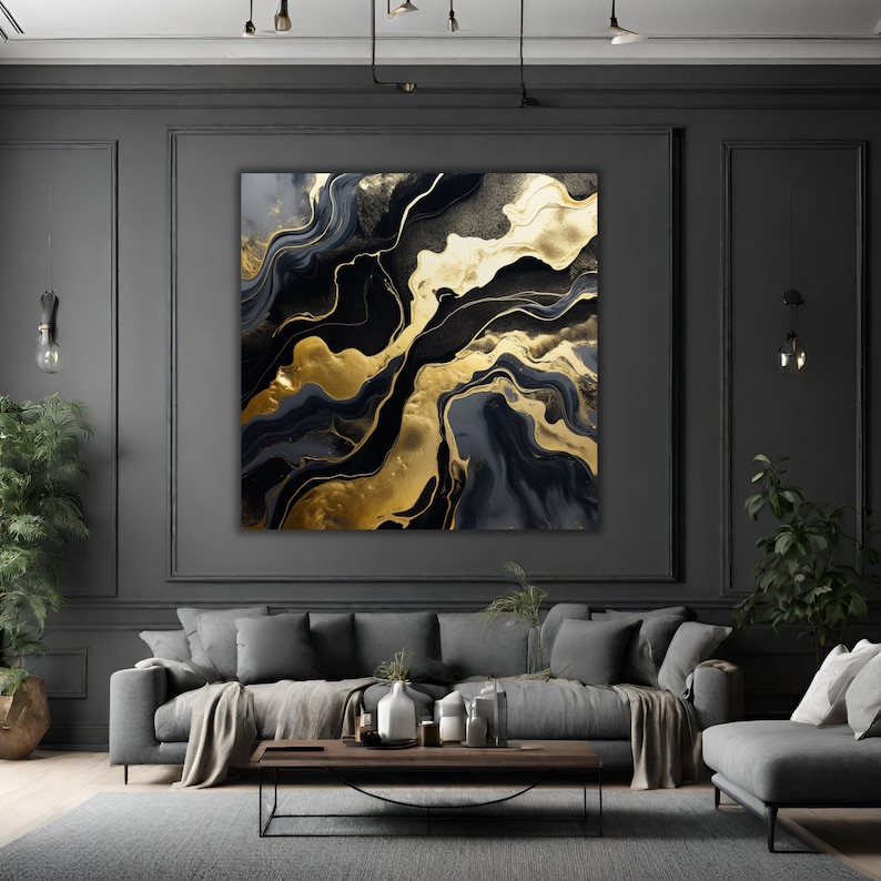 Abstract Luxury Wall Art Gold Black Artwork Unique Design Art Fancy Home Decor Canvas Print ...
