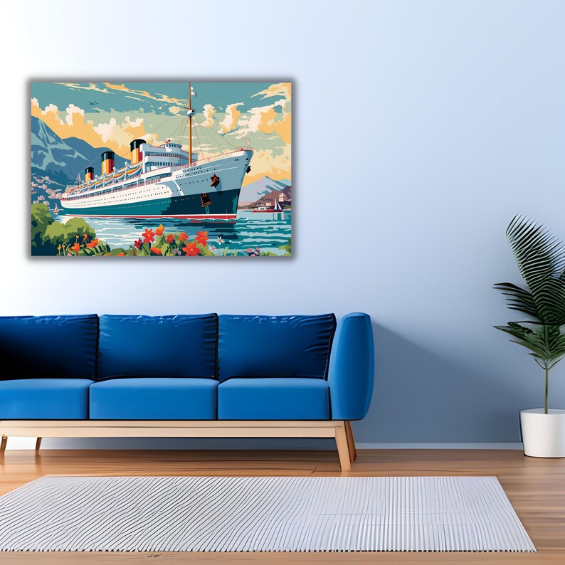 Cruise Ship Art Wall Canvas PNB Style Large Boat on Water Scenery Paint ...