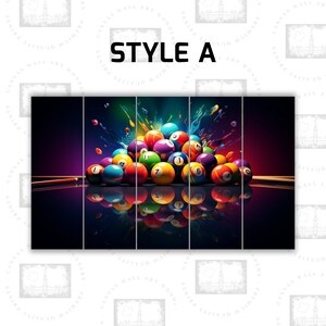 Multi Panel Set Canvas Pool Table Cue Sticks and Colorful Billiard ...