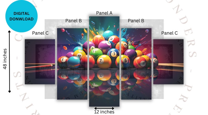 Printable - Multi Panel Set Canvas Pool Table Cue Sticks and Colorful ...