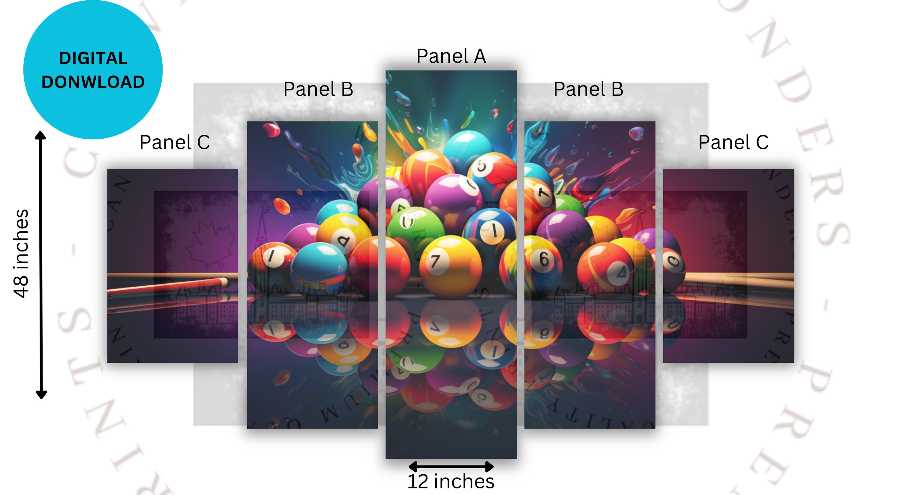 Printable - Multi Panel Set Canvas Pool Table Cue Sticks and Colorful ...