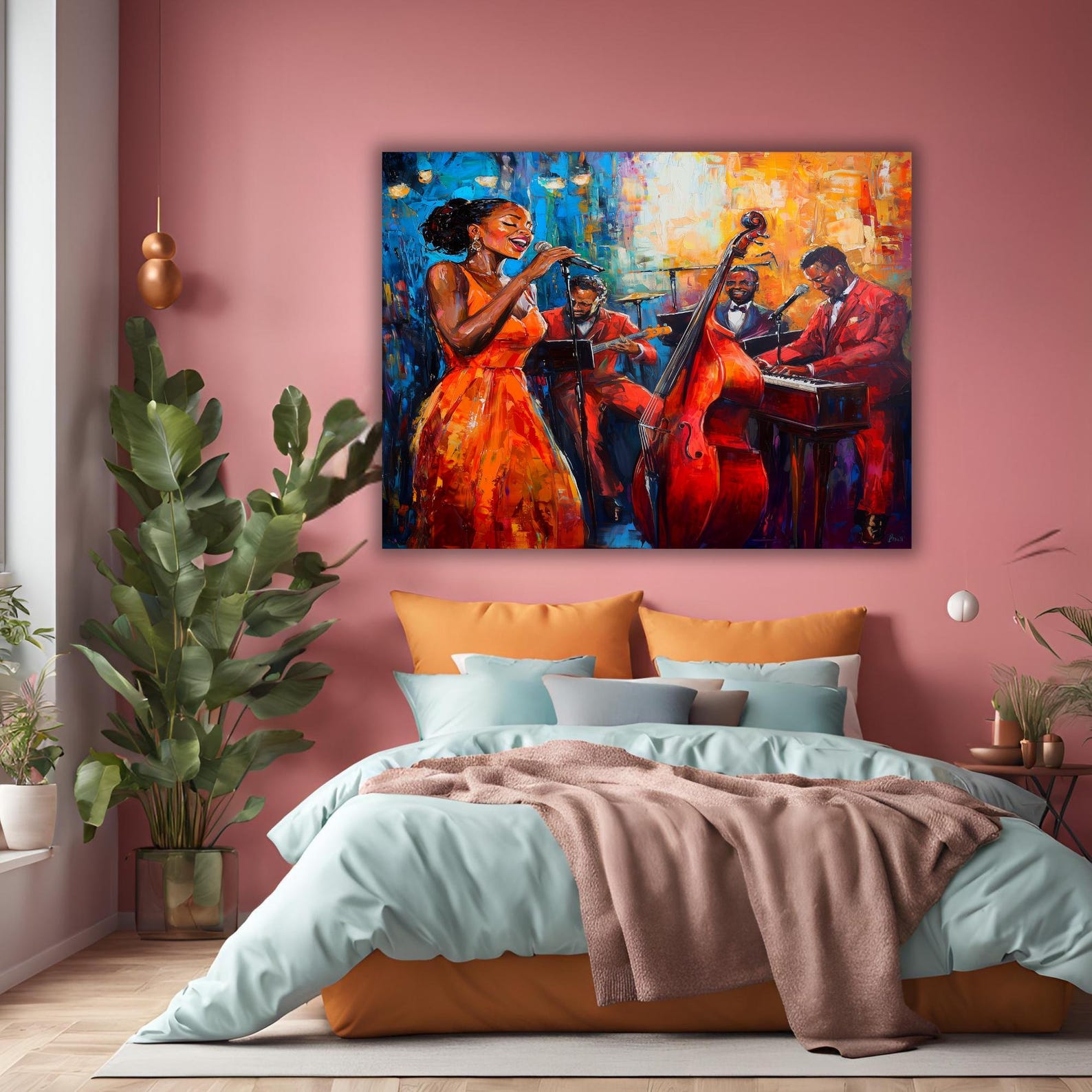 Jazz Singer Wall Art Canvas, Black Art Music Band Vibrant Colorful ...