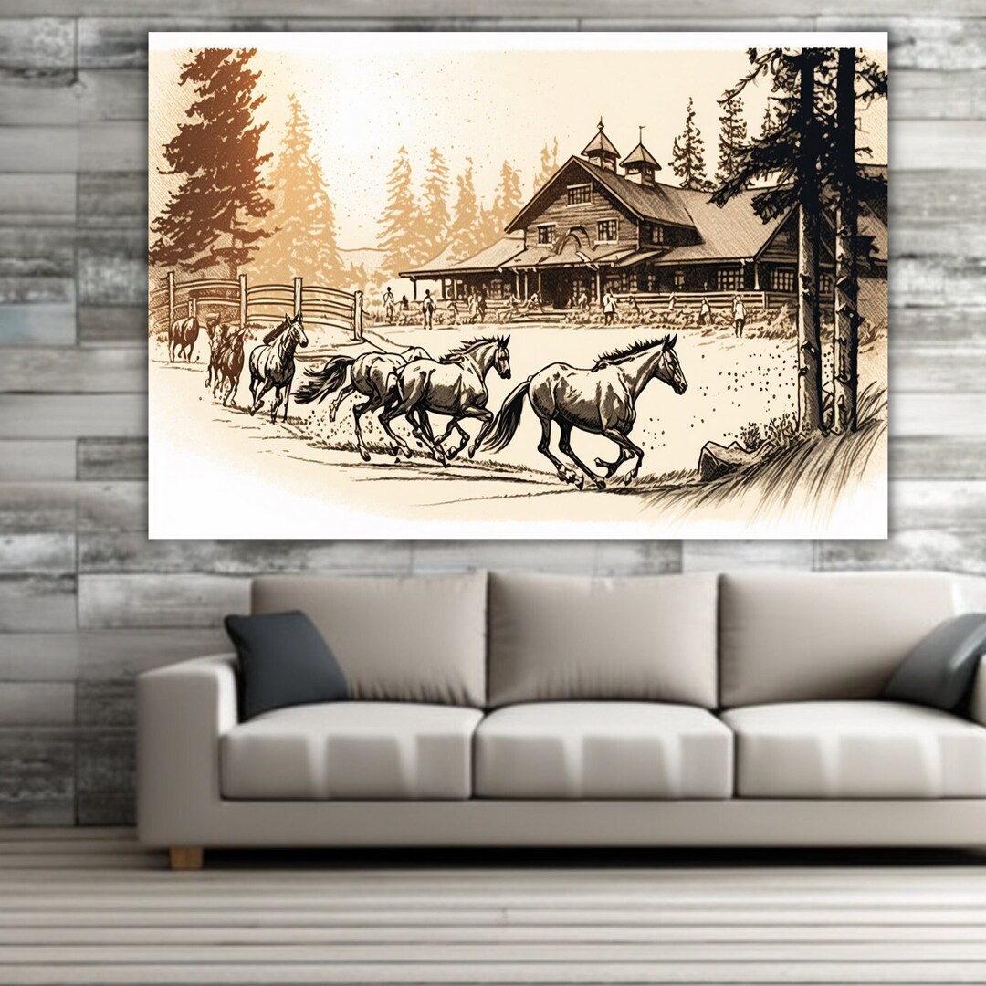 Canvas Wall Art Horses Ranch Sketch Style Art Canvas Wall Animal Art ...