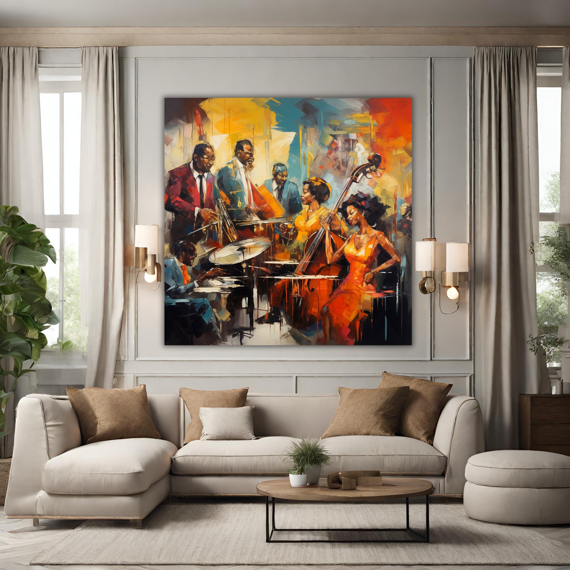 Jazz Music Canvas Print, Oil Painting Style African American Jazz Band ...