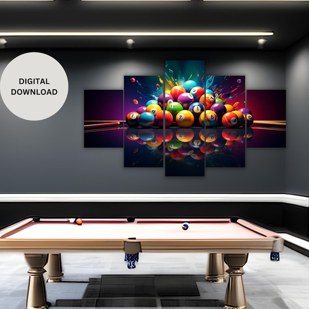 Printable - Multi Panel Set Canvas Pool Table Cue Sticks and Colorful ...