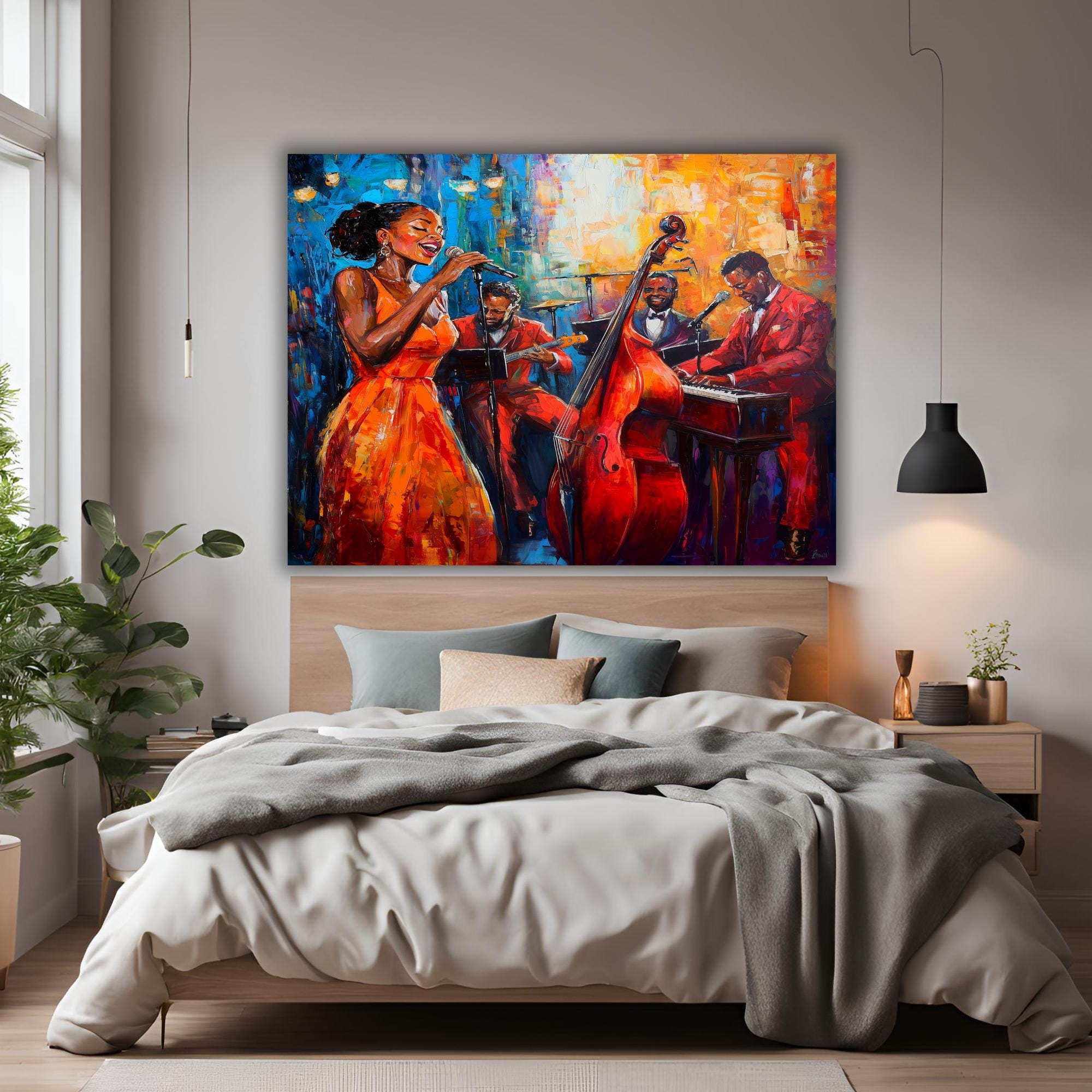 Jazz Singer Wall Art Canvas, Black Art Music Band Vibrant Colorful ...