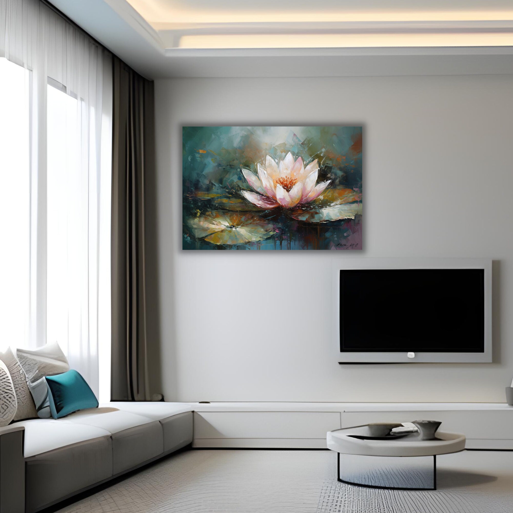 Lotus Flower Painting, Greenery Wall Print, Peaceful Art, Large Canvas ...