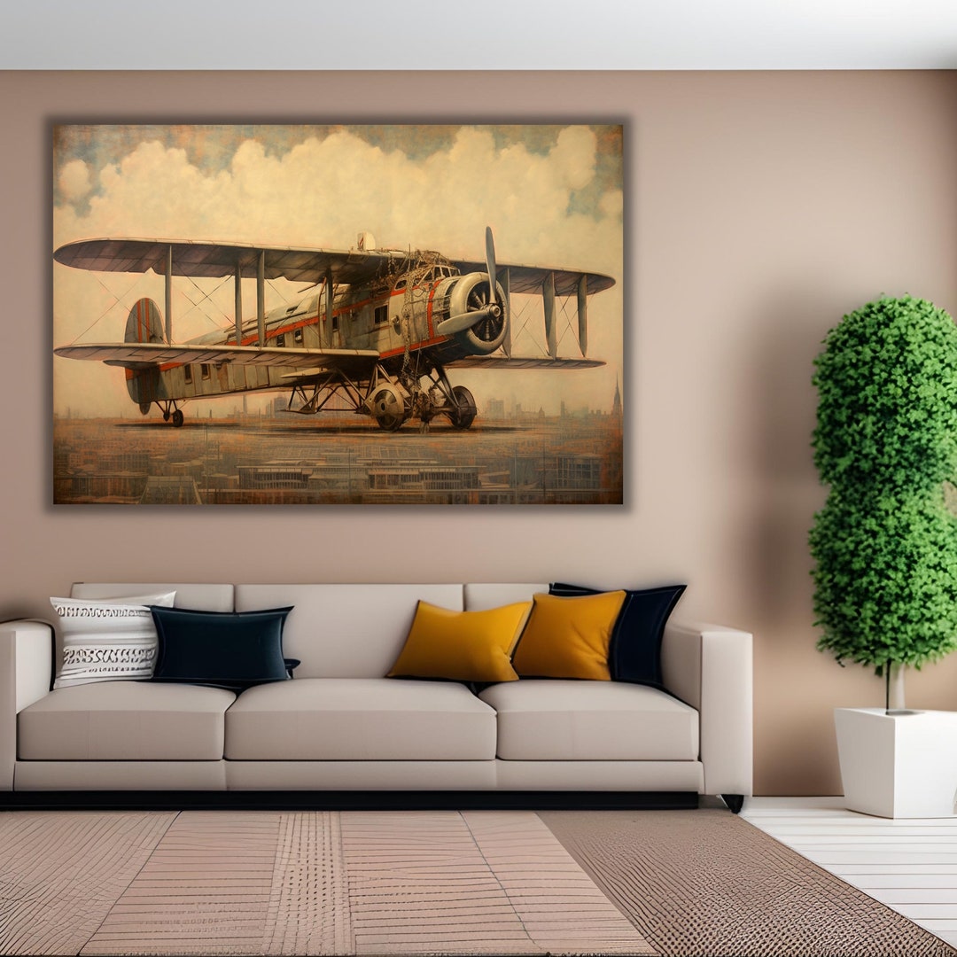 Propeller Plane Retro Art Canvas Wall Print, Aviator Art Large Art ...