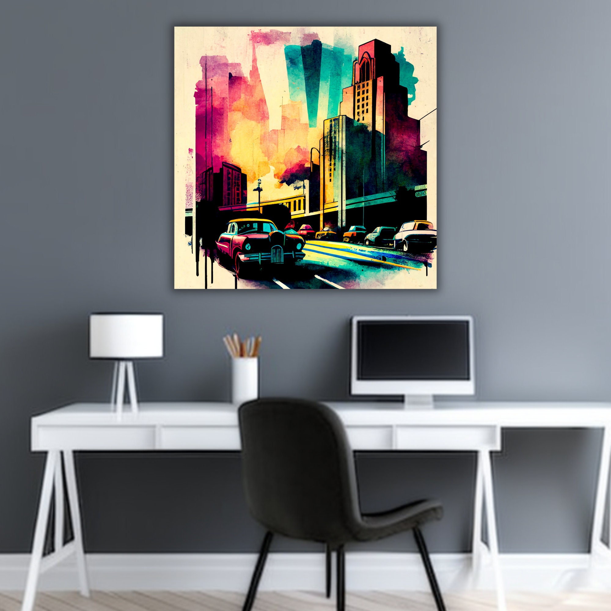 Pop Art Watercolor Cityscape Wall Art Canvas Decor Home Office Living ...