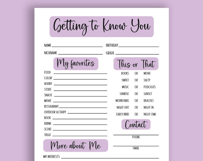 Get to Know You, Getting to Know You Page, Get to Know You Printable ...