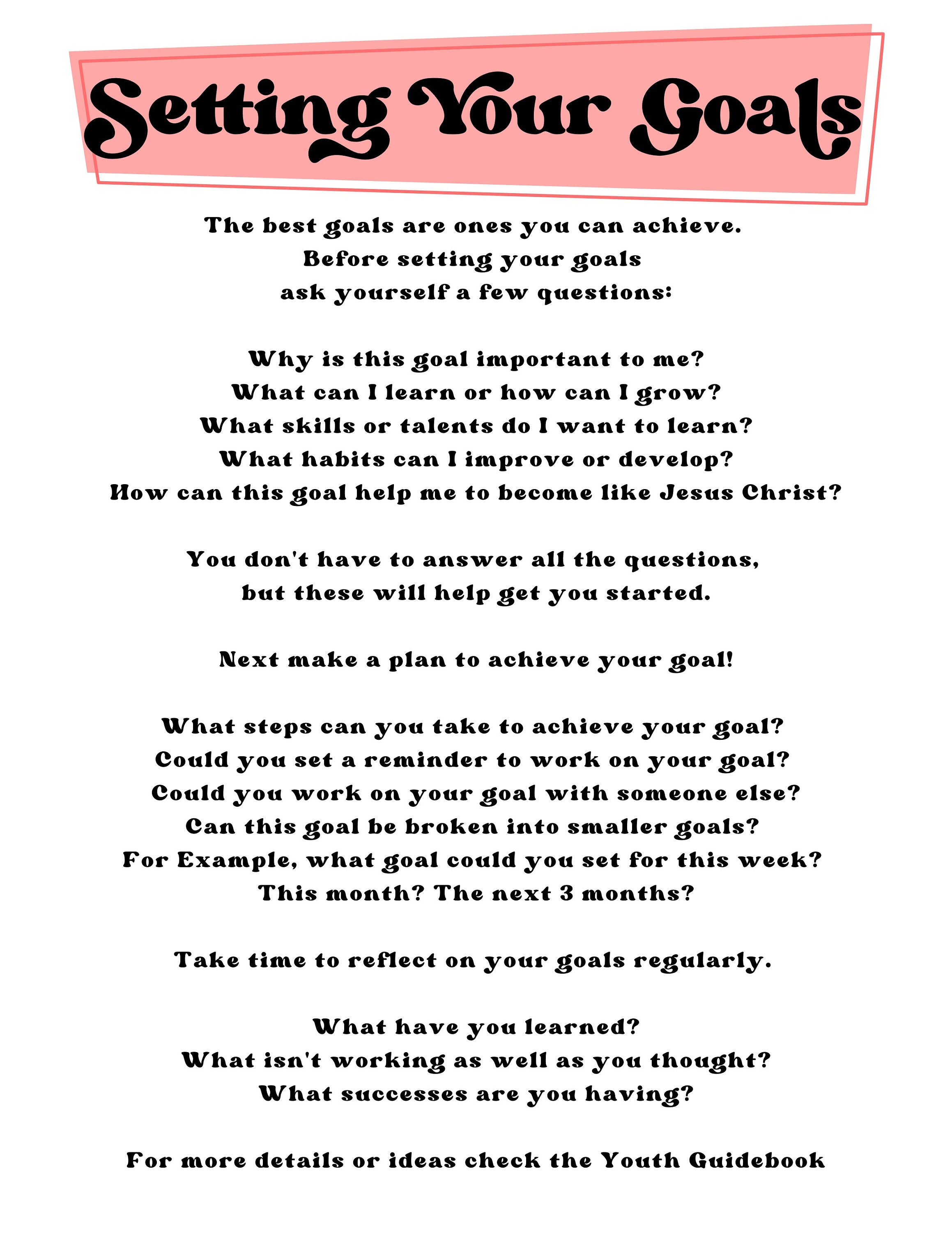 Youth Four Goals Printable Sheet, LDS Youth Goals Printable, Goal Sheet ...