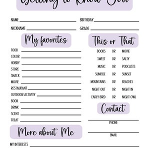 Get to Know You, Getting to Know You Page, Get to Know You Printable, All About Me, - Etsy