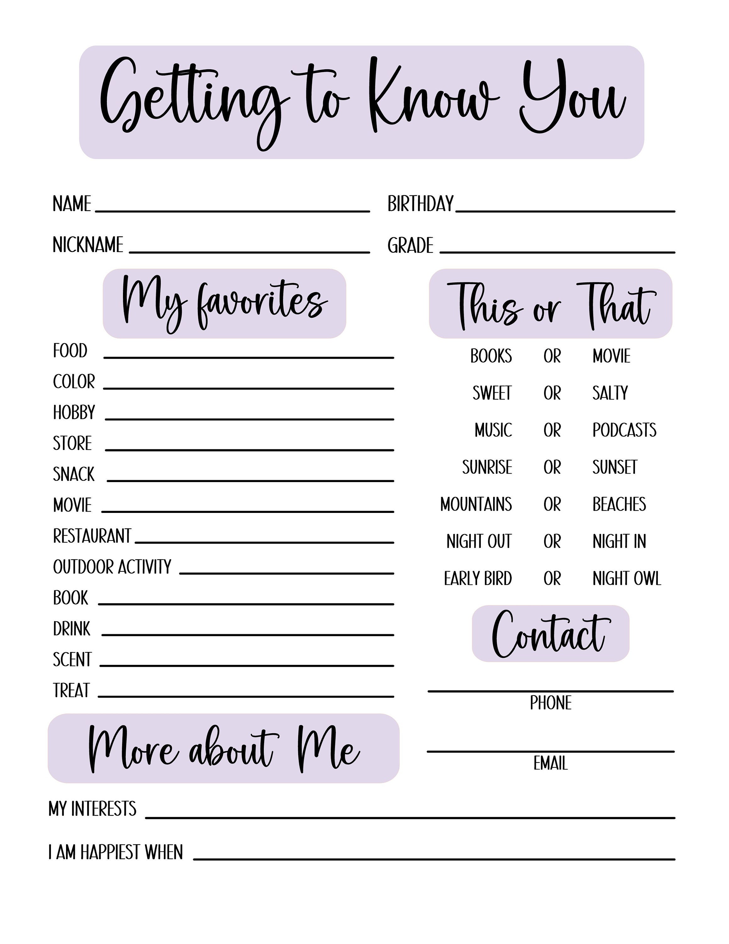 Get to Know You, Getting to Know You Page, Get to Know You Printable ...