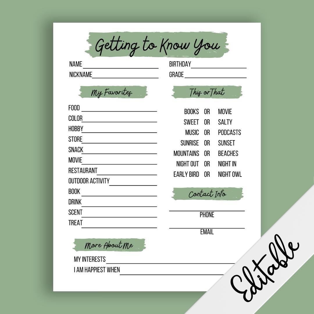 Editable Get to Know You, Getting to Know You Page, Get to Know You ...