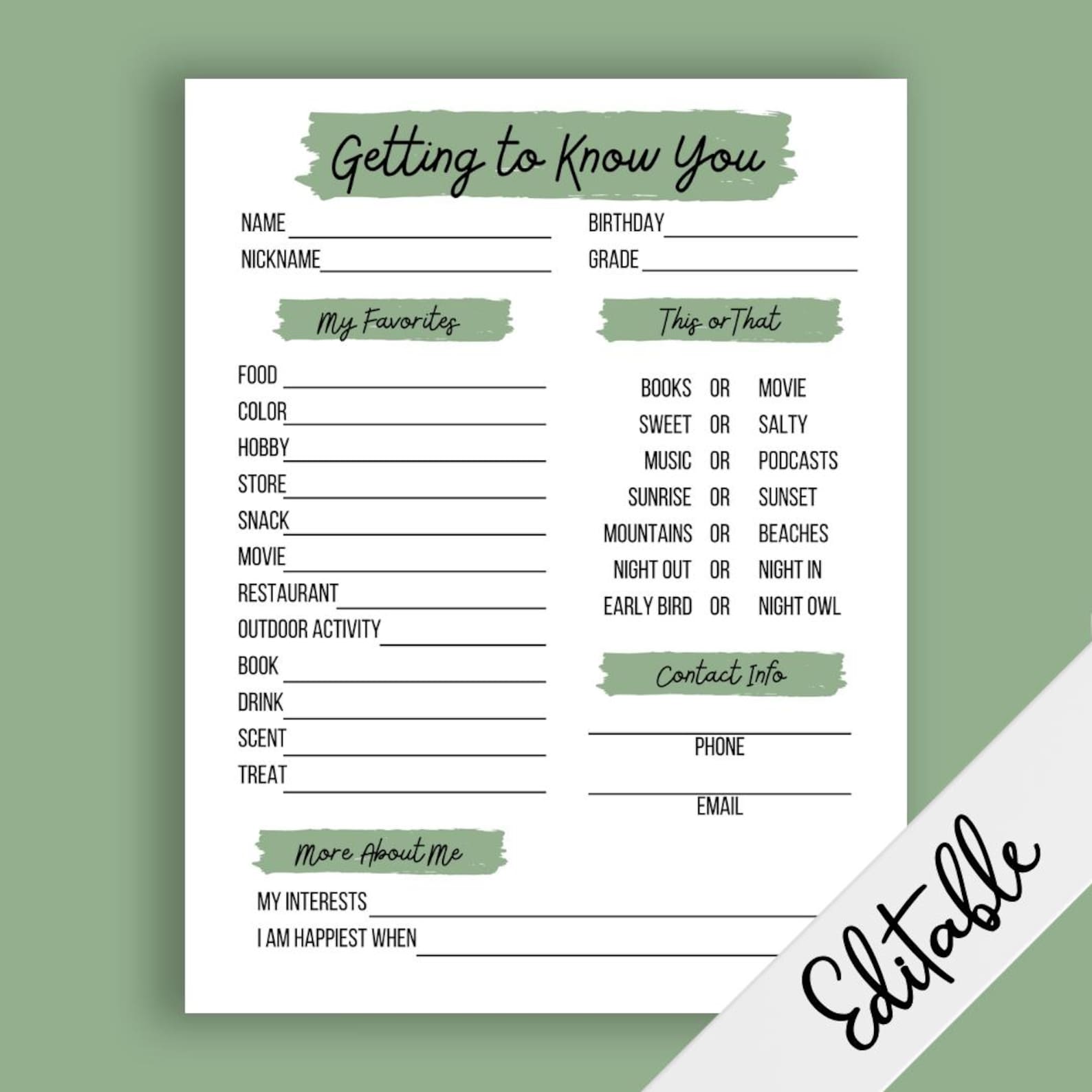 Editable Get to Know You, Getting to Know You Page, Get to Know You ...