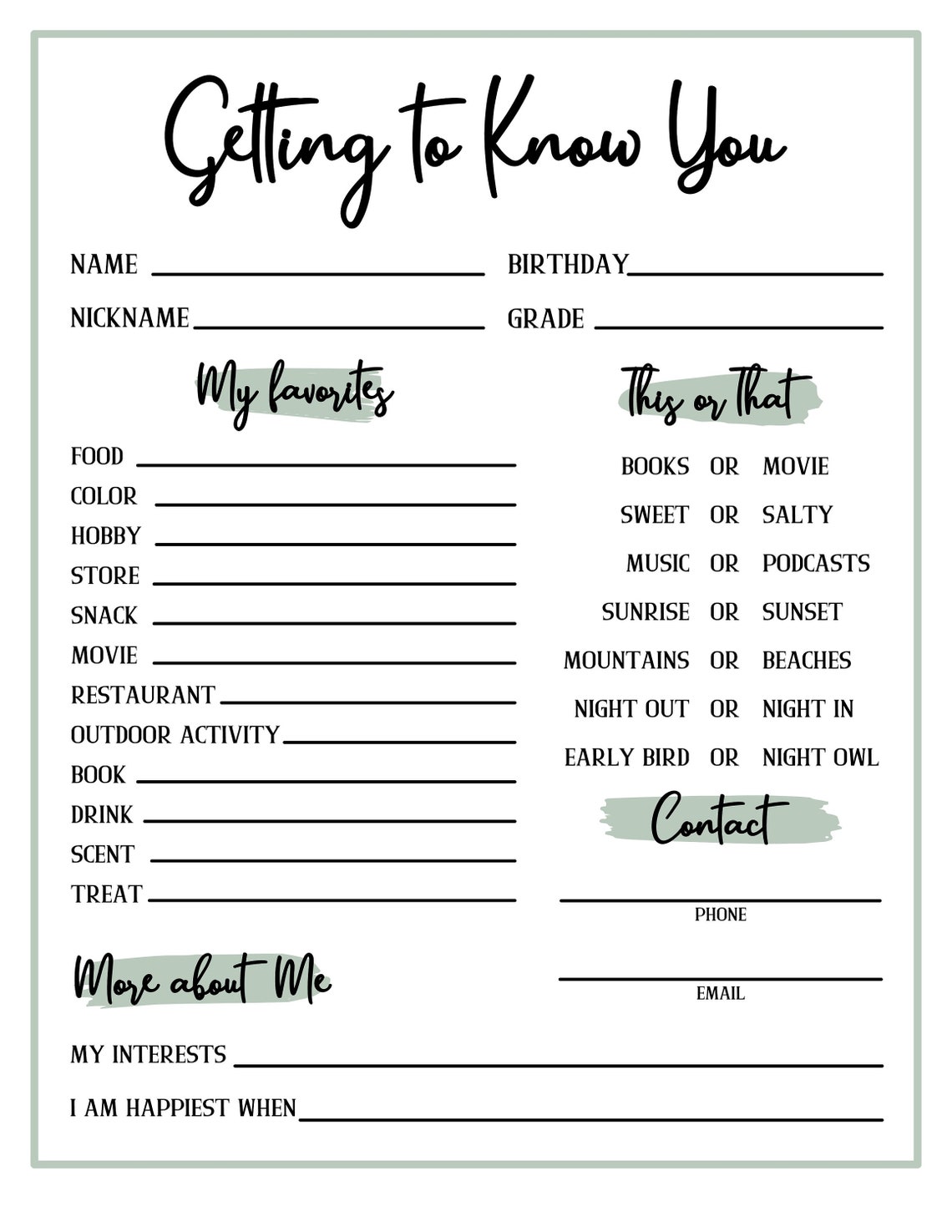 Get to Know You, Getting to Know You Page, Get to Know You Printable ...