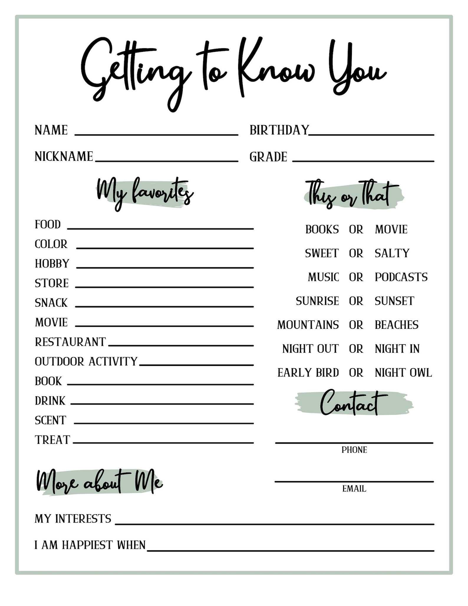 Get to Know You, Getting to Know You Page, Get to Know You Printable ...