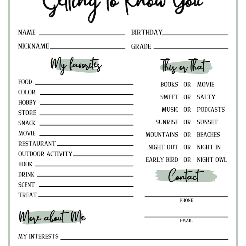 Getting to Know You Printable - Etsy