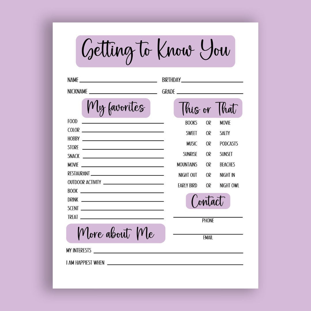 Get to Know You, Getting to Know You Page, Get to Know You Printable ...
