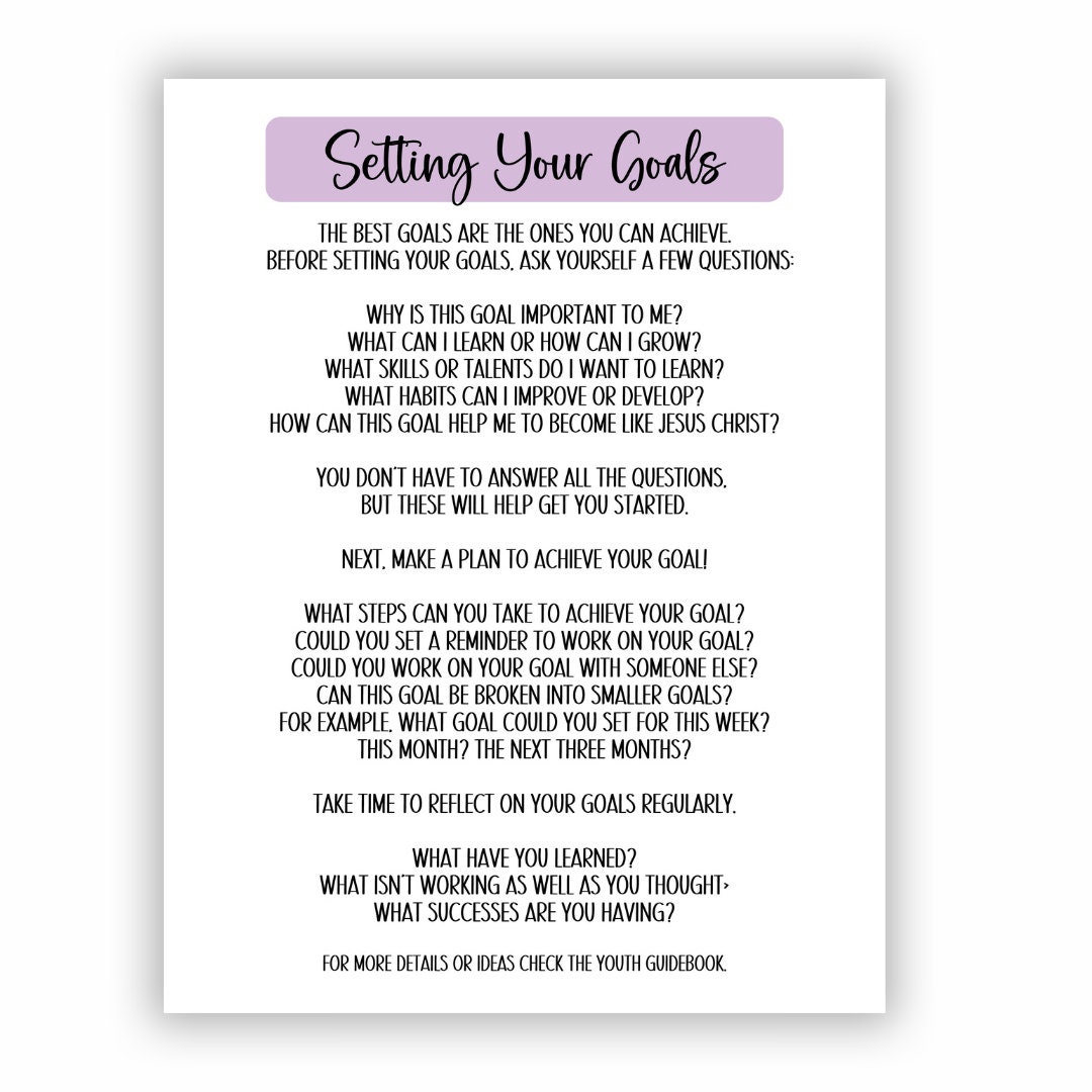 Youth Four Goals Printable Sheet, LDS Youth Goals Printable, Goal Sheet ...