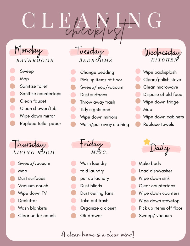 Daily/weekly Cleaning Checklist - Etsy